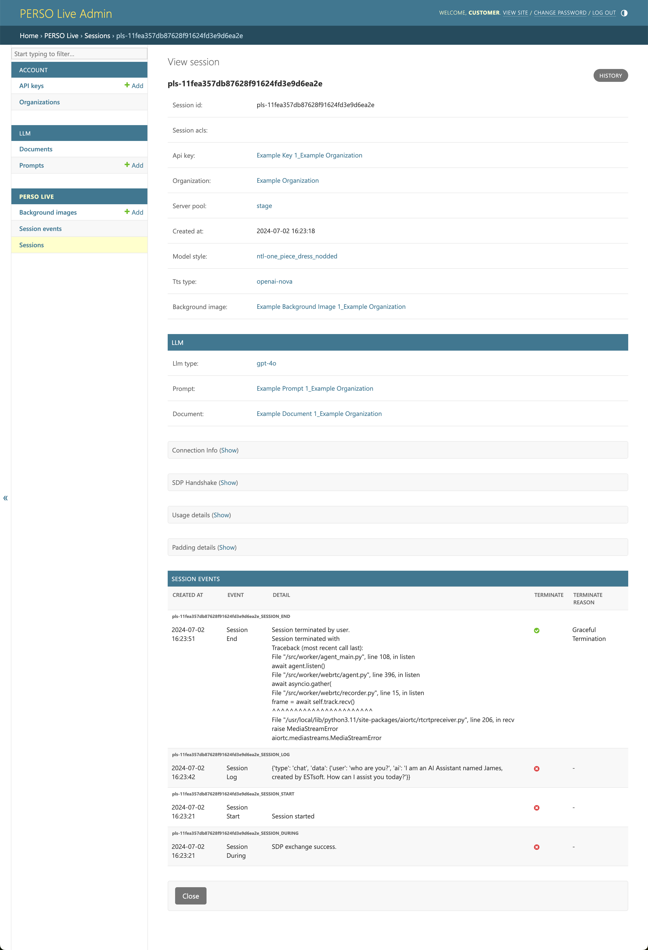 Sessions - PERSO Live Documentation